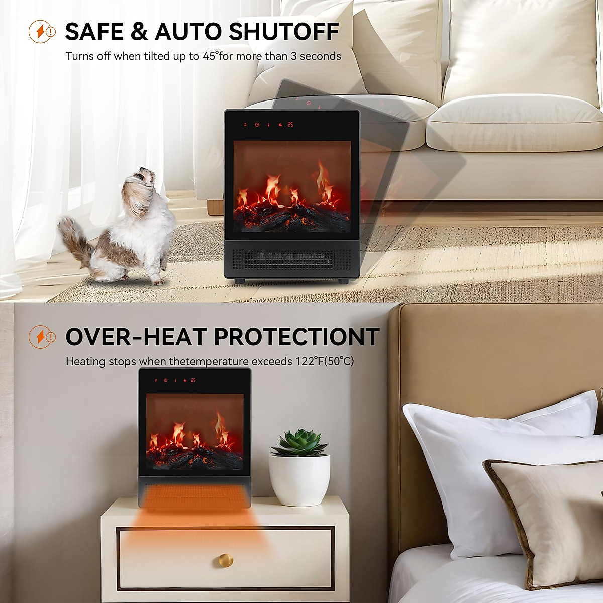 Electric Fireplace Heaters for Indoor Use, 750W/1500W Space Heater Fireplace with LED Realistic Flame & Remote, Portable Fireplace Heater for Home Office
