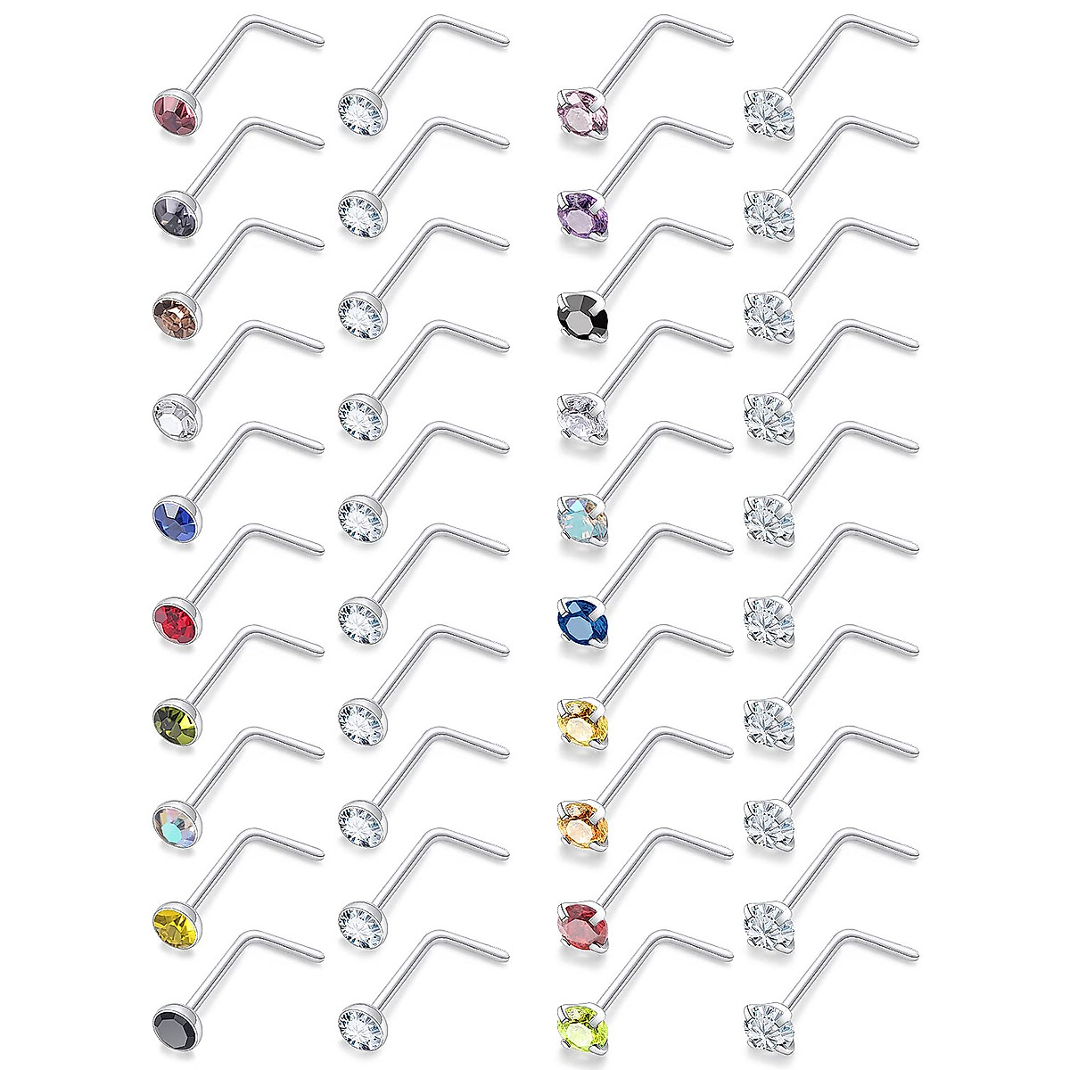 Lsnevsie Nose Rings Studs for Women 20G 316L Surgical Stainless Steel L Shaped Curved l Silver Opal Hypoallergenic Nose Stud Ring Body Piercing Jewelry for Men Diamond CZ 3mm