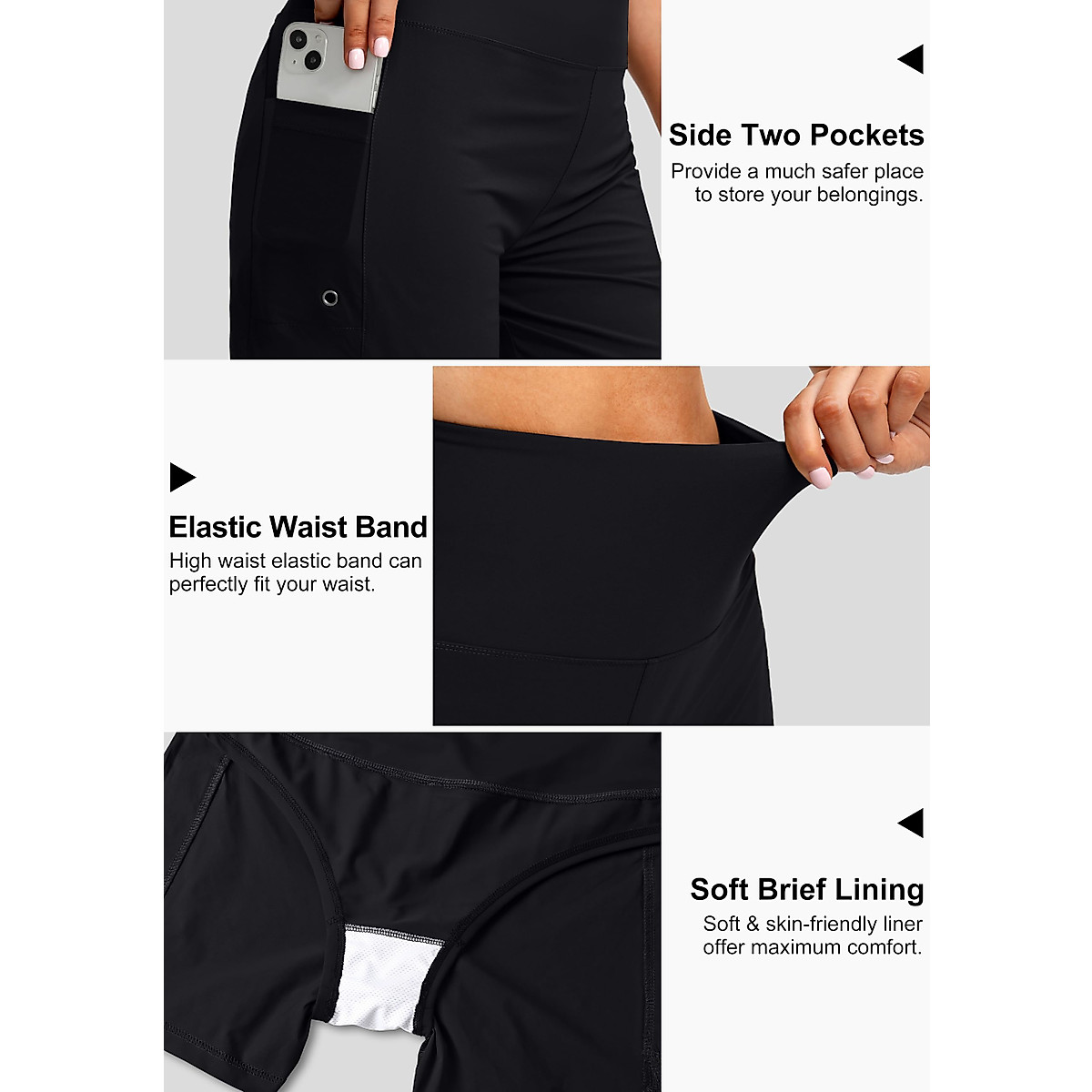 G Gradual Women's 5" High Waisted Swim Board Shorts with Phone Pockets UPF 50+ Quick Dry Beach Shorts for Women with Liner(Black, Large)