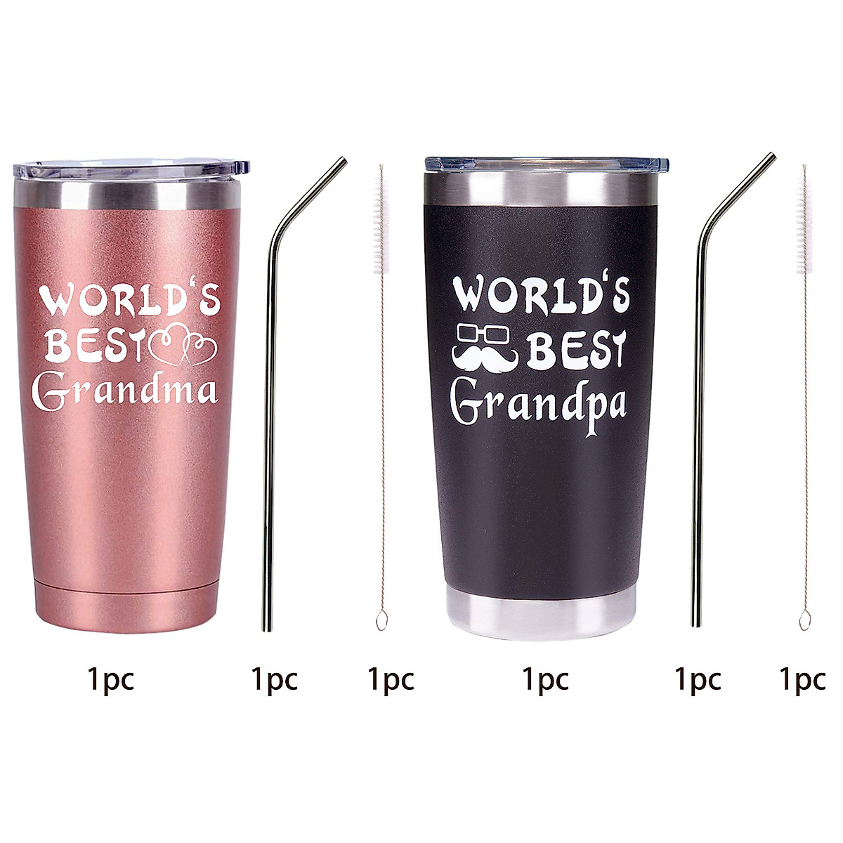 EBE EmmasbyEmma Stainless Steel Grandparents Gift Set, 20 oz Tumbler for Grandma & Grandpa, Rose Gold & Black, Includes Straw & Brush