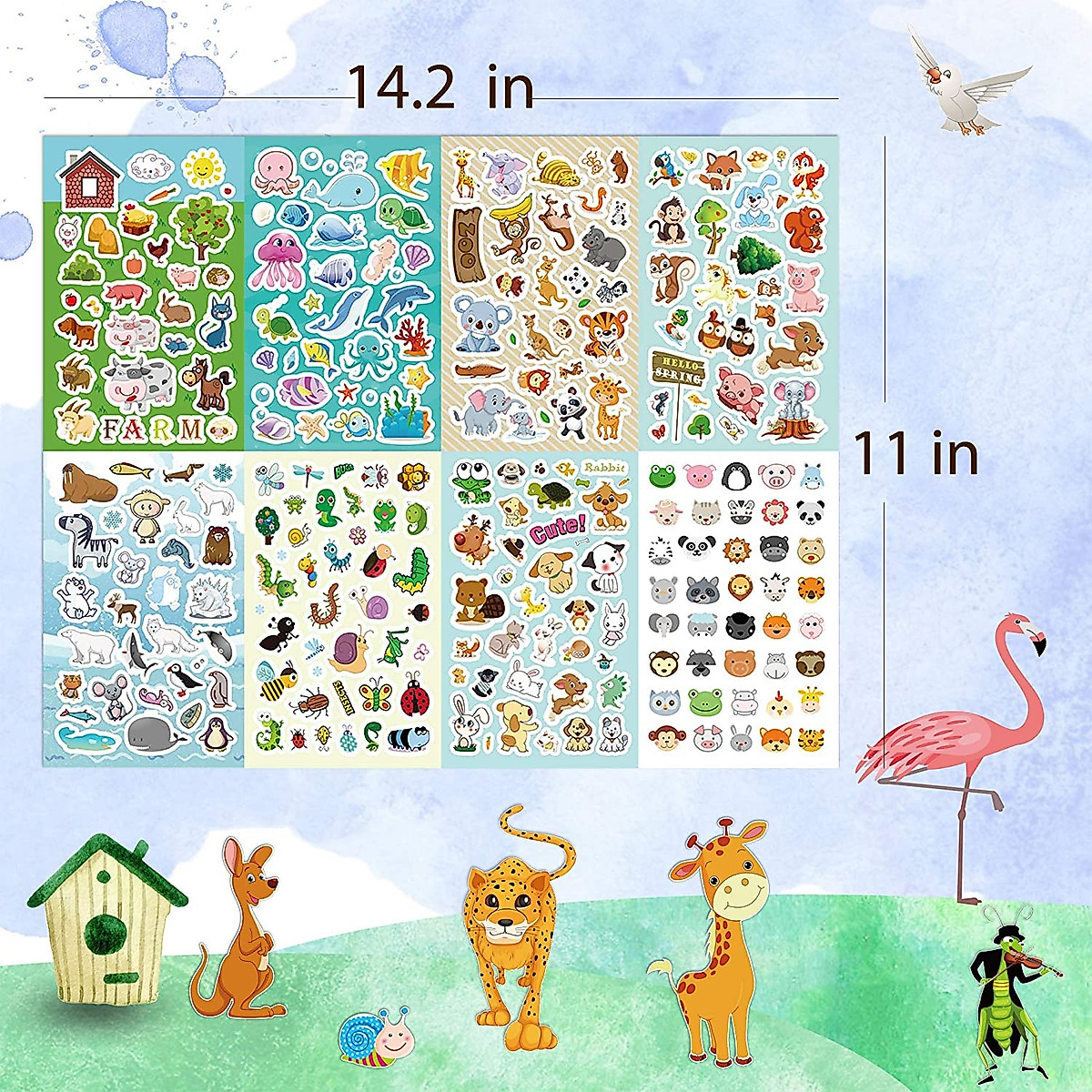 Sinceroduct Animal Stickers Assortment Set, 8 Sheets (1800+ Count), 16 Themes Collection for Kids, Children, Teacher, Parent, Grandparent, School