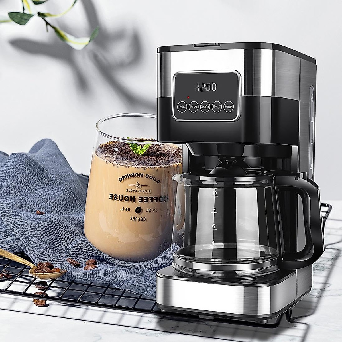 10-Cup Coffee Maker,Programmable Coffee Machine with Touch Screen,Glass Carefe,Reusable Filter,Auto Shut-Off and Pause,Regular & Strong Brew for Home and Office,Silver and Black