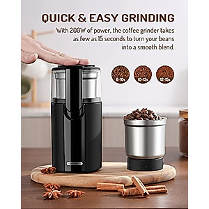 TWOMEOW Electric Coffee Grinder for Beans, Spices and Herb, Stainless Steel Blades, 1 Removable Stainless Steel Bowls, Makes up to 9 Cups, Black