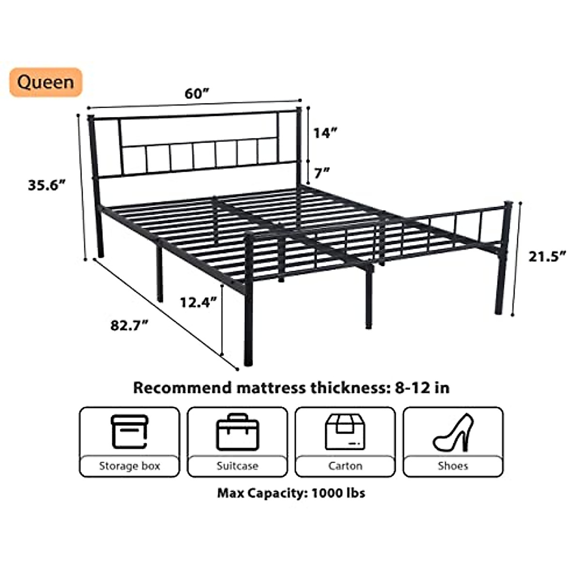 12 Inch Platform Queen Bed Frame with Headboard, Heavy Duty Bed Frame Queen Size Metal Bed Frame with Storage, Mattress Foundation Bed Frames No Box Spring Needed, Under Bed Storage, Noise-Free, Black