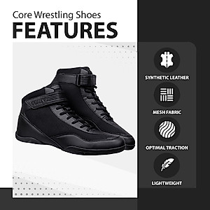 CORE High Traction Wrestling Shoes - Men, Women, Youth & Kids Shoes - Combat Sports Footwear, Lightweight Gym Shoes (All Black, Size 7.5, 9)