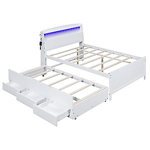 Mirightone Full Captain Bed with Trundle and Storage Drawers, Wood Platform Bed with LED Light Headboard, Twin Size Trundle Bed for Kids Boys Girls Teens, White