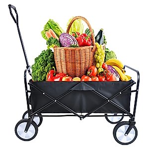 Folding Collapsible Wagon,Large Capacity Outdoor Wagons Carts Heavy Duty Foldable Utility with Big All-Terrain Wheels &2 Side Pocket for Camping,Sports, Garden Shopping Beach Cart(Black)
