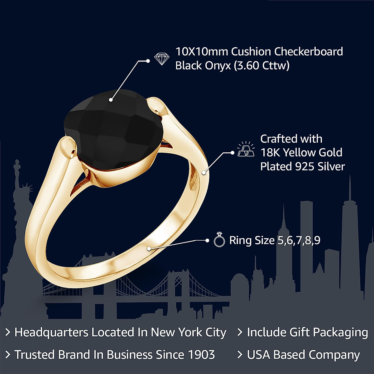 Gem Stone King 18K Yellow Gold Plated Silver Black Onyx Ring For Women (3.60 Cttw, Cushion Checkerboard 10MM, Gemstone Birthstone, Available In Size 5, 6, 7, 8, 9)