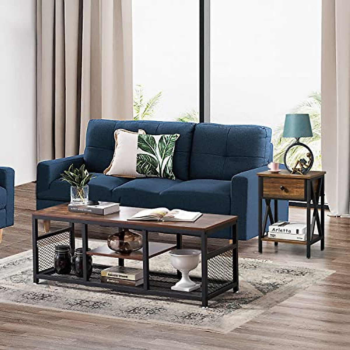 VECELO 47" Coffee Table with Storage Shelf for Living Room Industrial Wood and Metal Frame Easy Assembly Brown