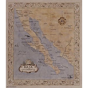 One Treasure Limited Antique Vintage Old World Mexico Baja California Map