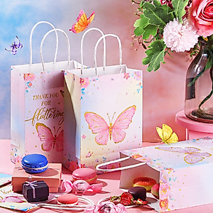 24 Pcs Butterfly Party Favors Gift Bags Goodie Treat Candy Bags Thank You for Fluttering by Paper Bags with Handles for Girls Butterfly Birthday Party Supplies Baby Shower (Watercolor Style)