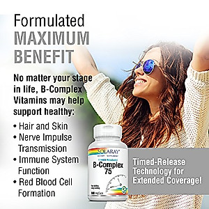 SOLARAY Vitamin B-Complex 75mg | Two-Stage Timed-Release for Extended Availability | Support for Hair, Skin, Nails, Nerves, Immune Function | 100 CT