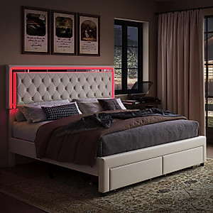 Jocisland Full Size Bed Frame with LED Lights&Storage Drawers,Velvet Upholstered Platform Bed,No Box Spring Needed,White