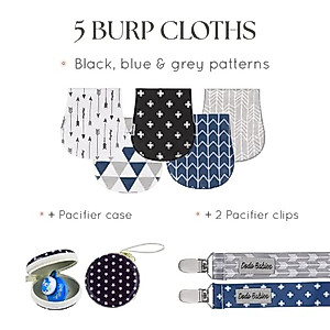 Dodo Babies 5-Pack Baby Burp Cloths - Soft, Absorbent Cotton Burp Cloths - Includes Pacifier Case and 2 Pacifier Clips - Colors: Black, Blue and Grey