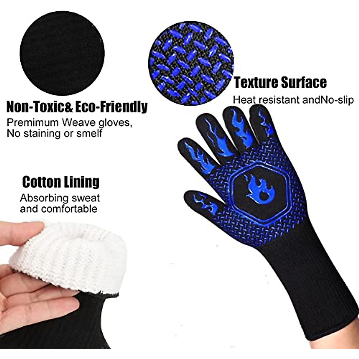 BBQ Fireproof Gloves - Grill Cut-Resistant Gloves 1472°F Extreme Heat Resistant, Silicone Non-Slip Oven Gloves for for Kitchen Garden BBQ Grilling and Outdoor Cooking Campfire