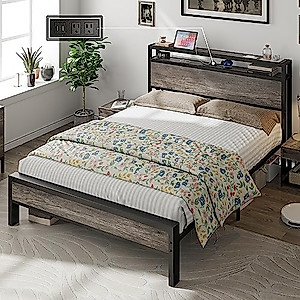 AMERLIFE Queen Size Bed Frame Industrial Platform Bed with Charging Station, 2-Tier Storage Headboard/No Box Spring Needed/Noise-Free/Rustic Grey