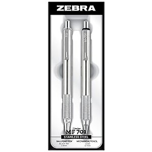 Zebra Pen M/F 701 Stainless Steel Mechanical Pencil and Ballpoint Pen Set, Fine Point, 0.7mm HB Lead and 0.8mm Black Ink, 2-Count Gift Set, Silver (10519)
