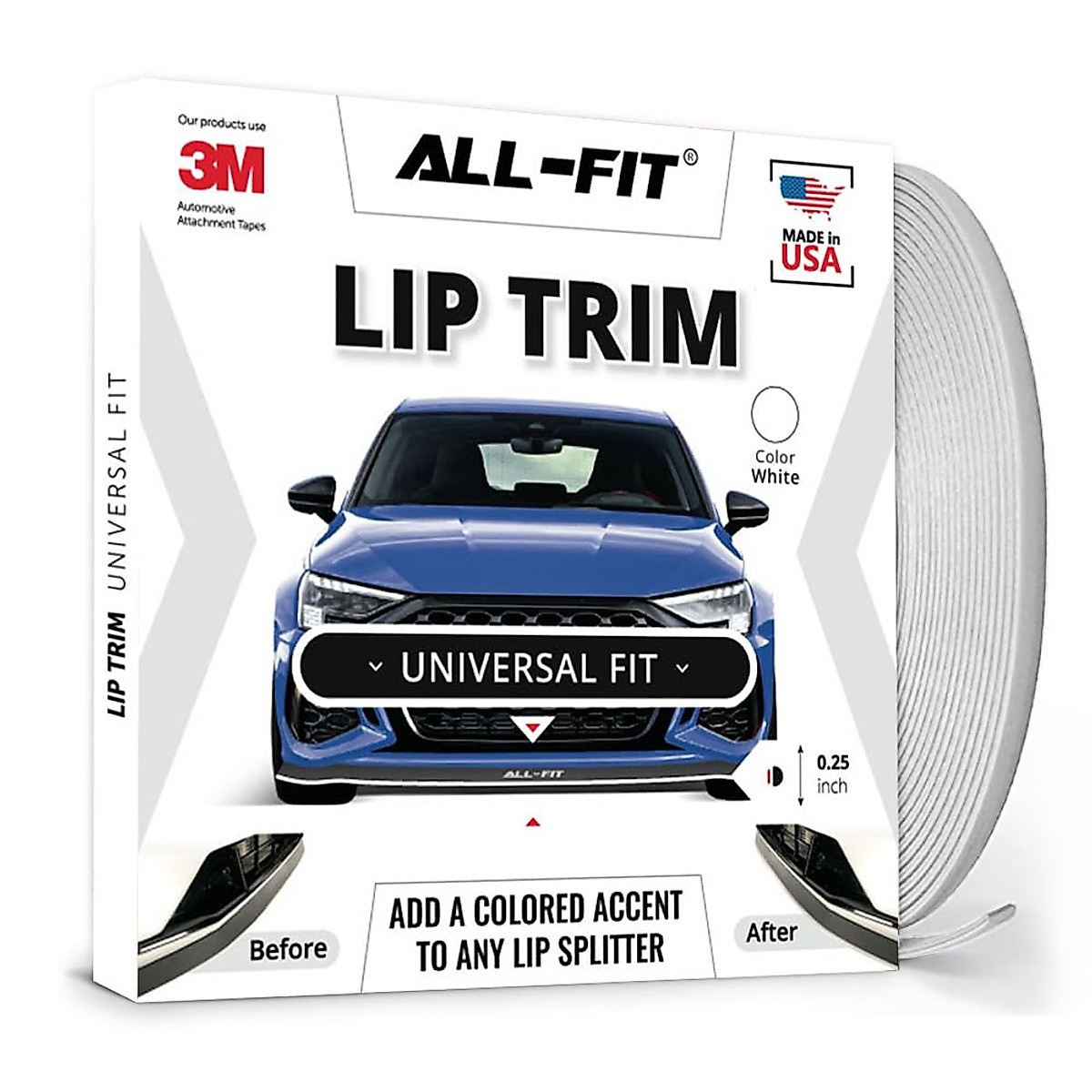 All-Fit Automotive Lip Trim – Universal Fit for Style & Protection – Durable Accent for Splitters, Air Dams, & Spoilers – Easy-to-Install Automotive Exterior Accessories (¼” W x 10’ L, White)