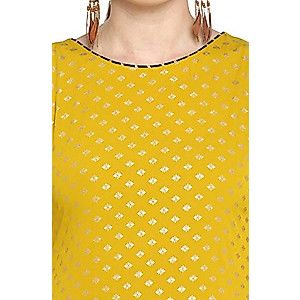 Janasya Indian Women's Mustard Poly Crepe Kurta With Pant And Dupatta(SET197-KR-NP-L)