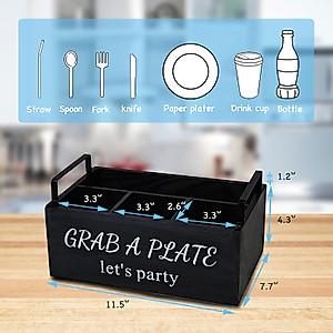 Paper Plate Holder, Utensil Caddy Organizer, Wood Paper Plate Dispenser, Silverware Caddy Holder, and Disposable Coffee Bar Accessories Box for Kitchen Counter, Party, Camping, Picnic (4 Compartment)