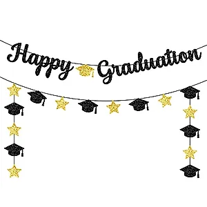 Glitter, Happy Graduation Banner - 10 Feet Cap Garland, No DIY | Graduation Banner Black, Gold for Graduation Party Decorations 2023 | Black and Gold Graduation Decorations, Class of 2023 Decorations