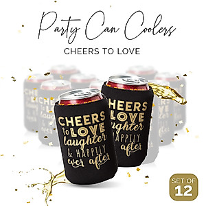 Wedding Can Can Cooler Decorations - Cheers to Love Laughter and Happily Ever After, Can Coolies Set of 12, Wedding Supplies For Bridal Showers, Engagements and Bachelorette Parties (Black)