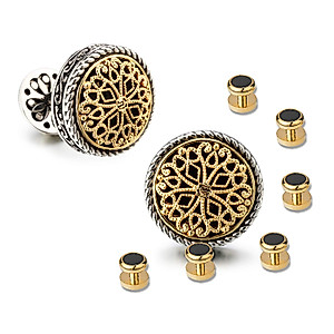 Tuxedo Studs and Cufflinks Set, Men's Cuff Links for Wedding, Business, Platinum Plated with Luxury Wooden Gift Box (Gold)
