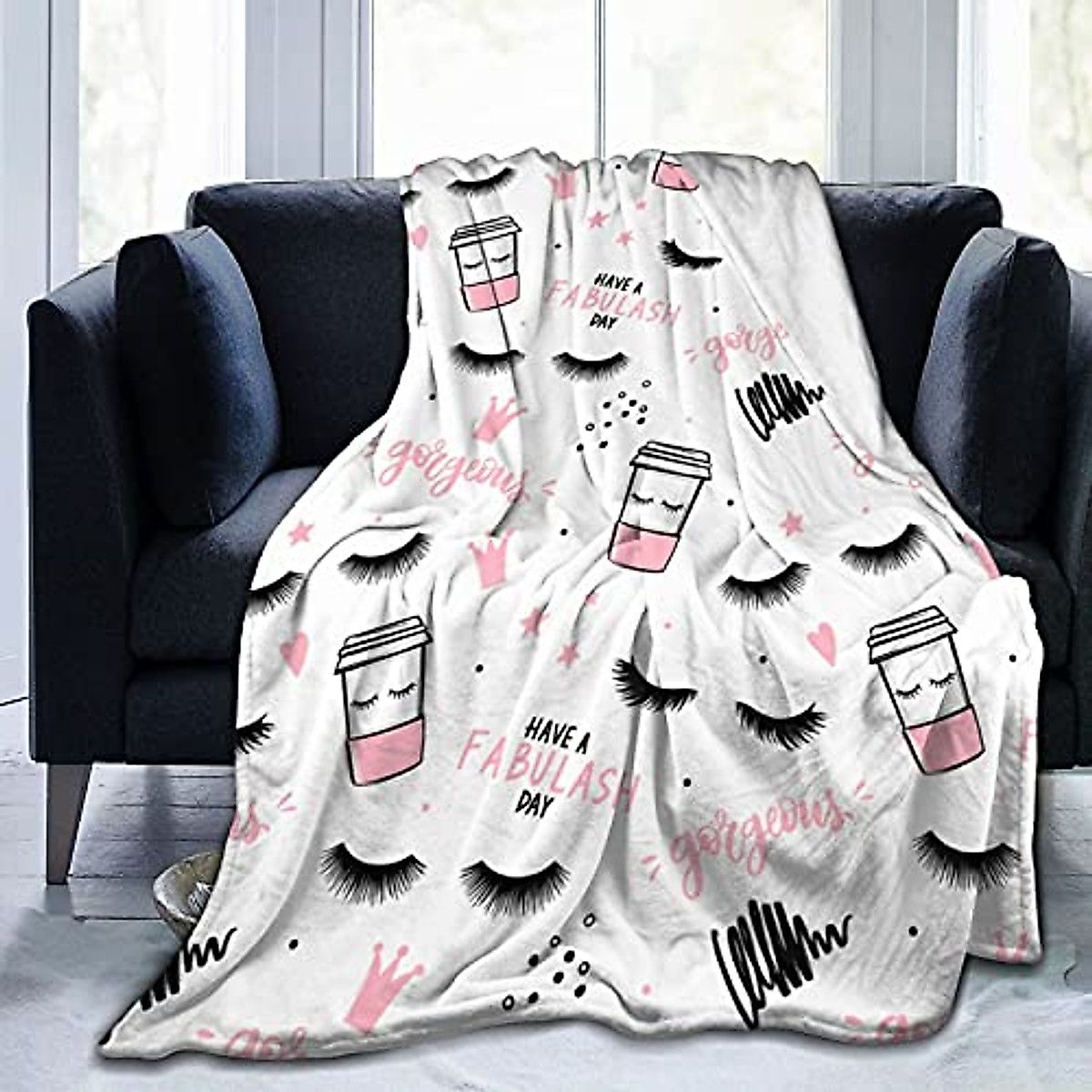 Feartdiy Lashes Mascara Coffee Cup Blanket for Kids Adults Women,Soft Fleece Throw Blanket Cozy Bed Blankets King Size for Couch Bed Travel Camping 50 inchX40 inch, black, 50x40