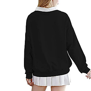 Wrenpies Women Sweatshirts Cotton Hoodie Aesthetic Pullover Turn-Down Collar Sweatshirt for Girls Kawaii Clothes Pocket Tops (Black,XL,X-Large)
