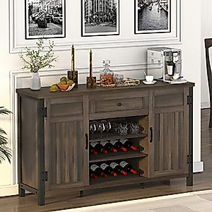 FATORRI Industrial Coffee Bar Cabinet with Wine Rack, Wood Buffet and Sideboard with Storage Cabinet, Rustic Credenza Cupboard for Kitchen Dining Room (55.12 Inch, Walnut Brown)