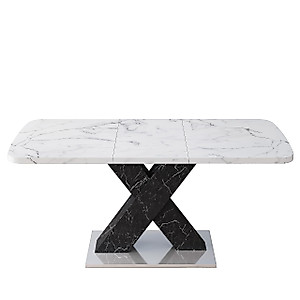 Mcltopz Extendable Marble Dining Table, Marble Dining Table for 4-6, Expandable Dining Table with White Faux Marble Top and X Crossed Pedestal Base, Rectangular Kitchen Table for Dining Room Kitchen