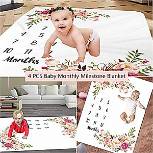 SPOKKI 4 PCS Baby Monthly Milestone Blanket, 51"x40" Premium Fleece Floral Memory Blankets kit for Newborn Girls Boys Photography Props and Mom Nursery Shower Gift (Pink)