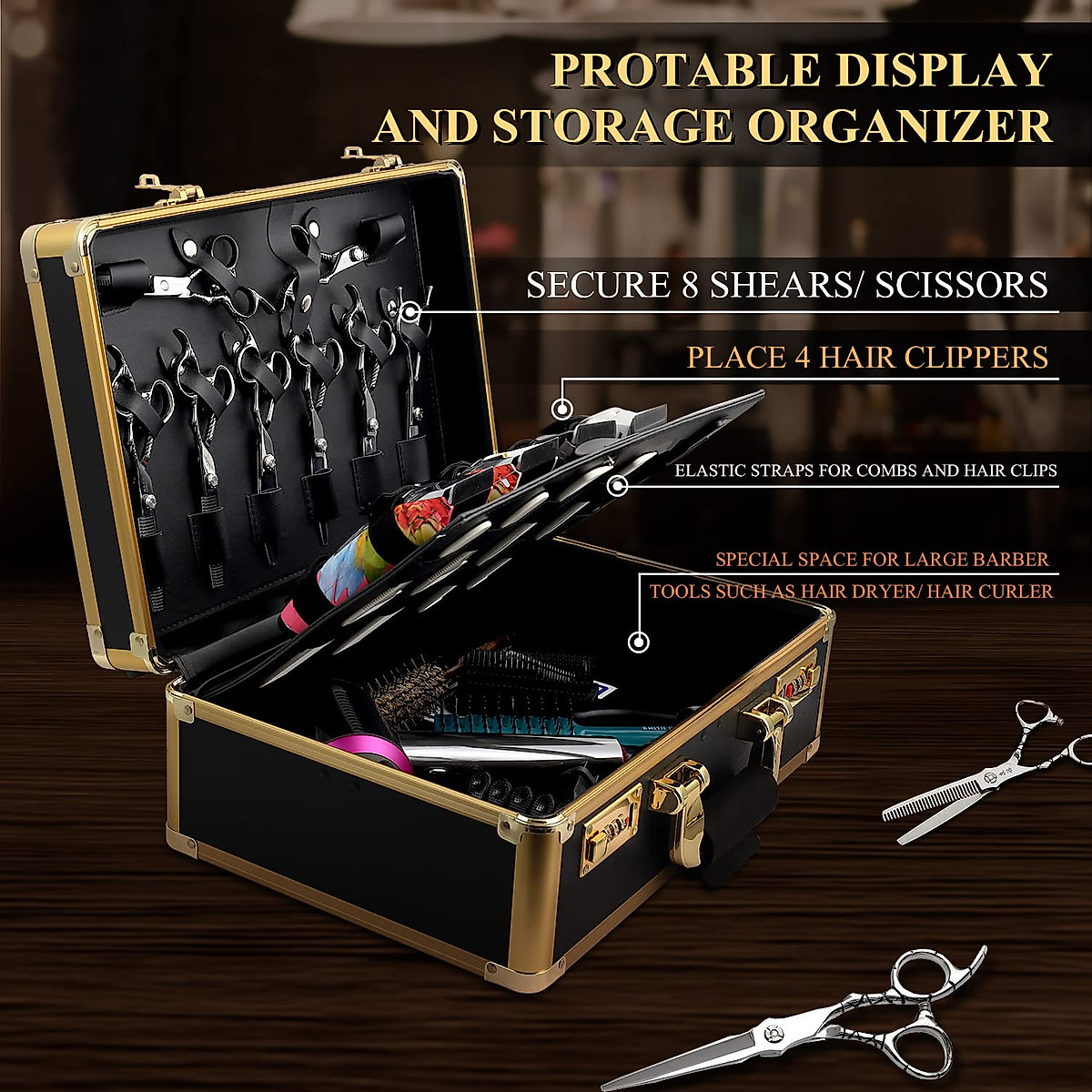 Kinglioncase Barber Case Clipper Bag Gold, Hair Kit Tool Box Aluminum Organizer with Portable Handle and Secure Numlock for Scissors, Clippers, Barber Supplies 15.7" x 12" x 6.1"