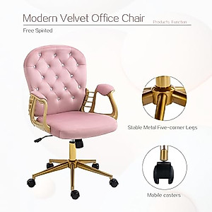 cayglow Velvet Home Office Desk Chair Comfy with Gold Legs and Arms, Comfortable Makeup Vanity Chair with Back and Wheels, Button Tufted Armchair Swivel Rolling Chair for Girls Women Bedroom,Pink