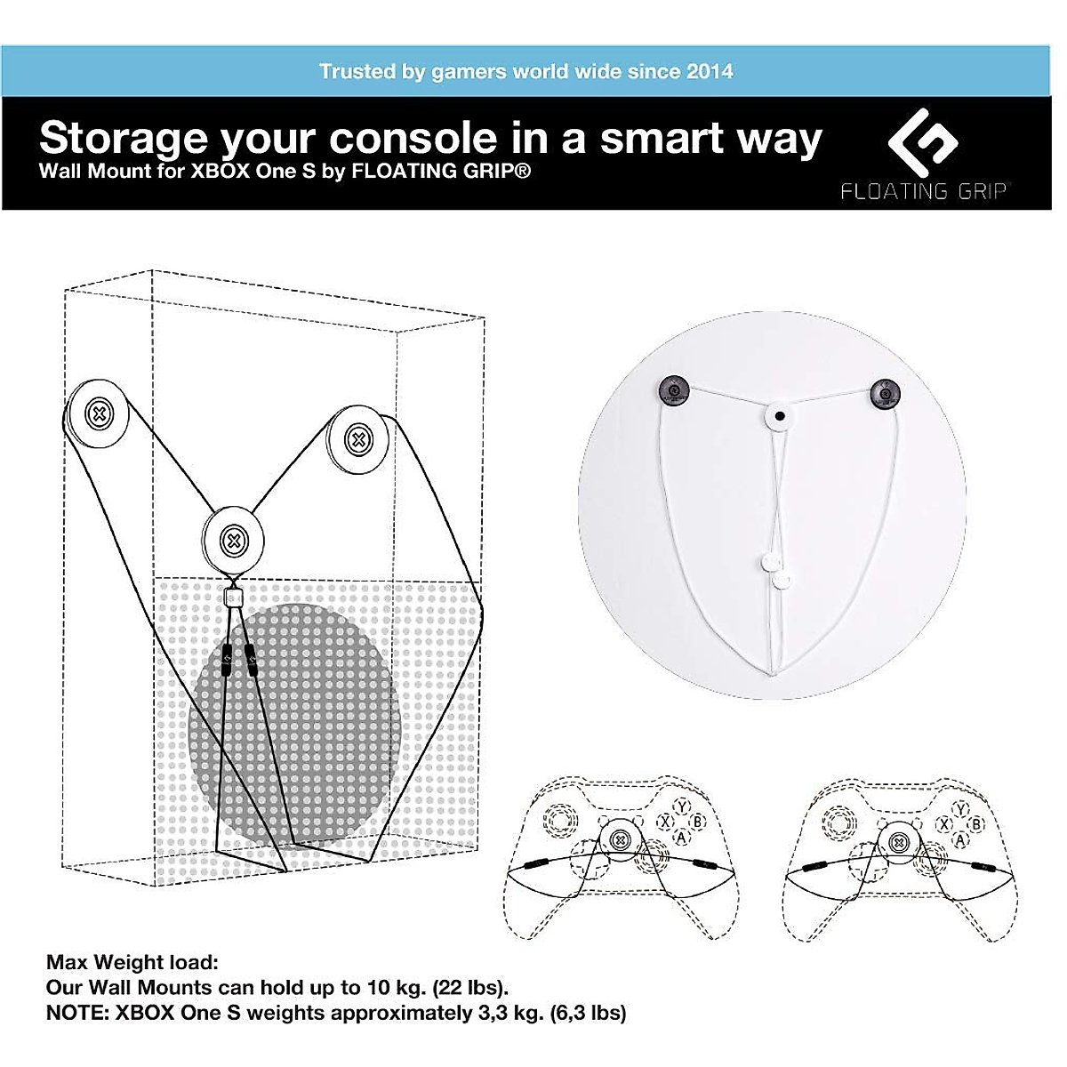 Xbox One S Wall Mount Solution by FLOATING GRIP - Mounting Kit for Hanging Game Consoles - Strong & Slim Ropes - Easy-to-Install System (Bundle: Fits XBOX One S + 2x Controllers, white)