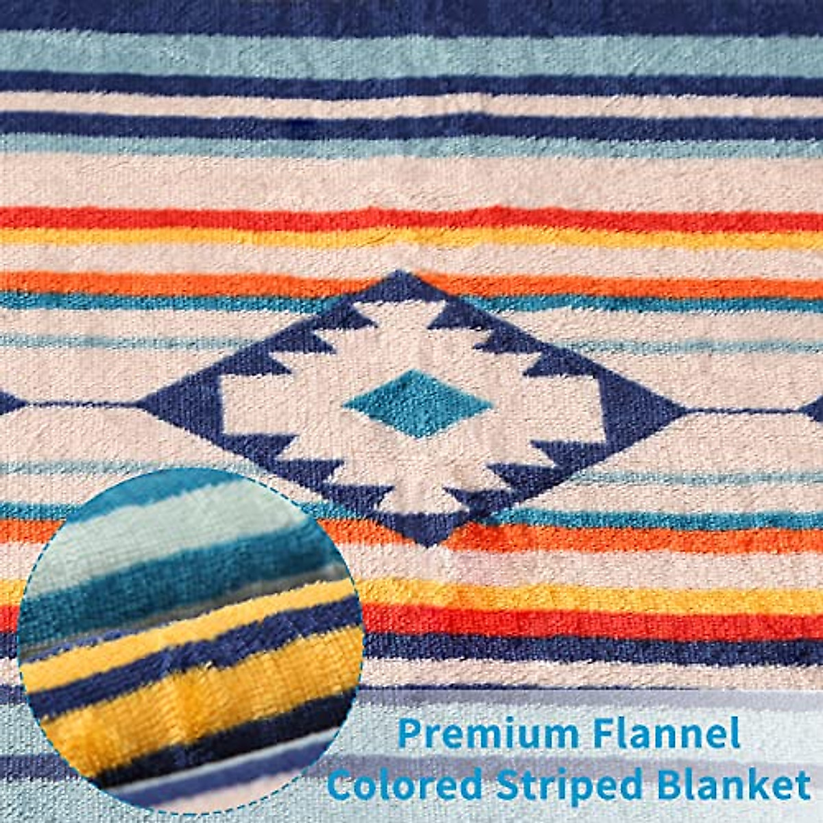 Qucover Flannel Blanket Boho Blue Stripe Reversible Sherpa Throw Blanket Large, Luxury Bohemian Plush Flannel Throws for Sofa Couch Bed, 60x80 Inch