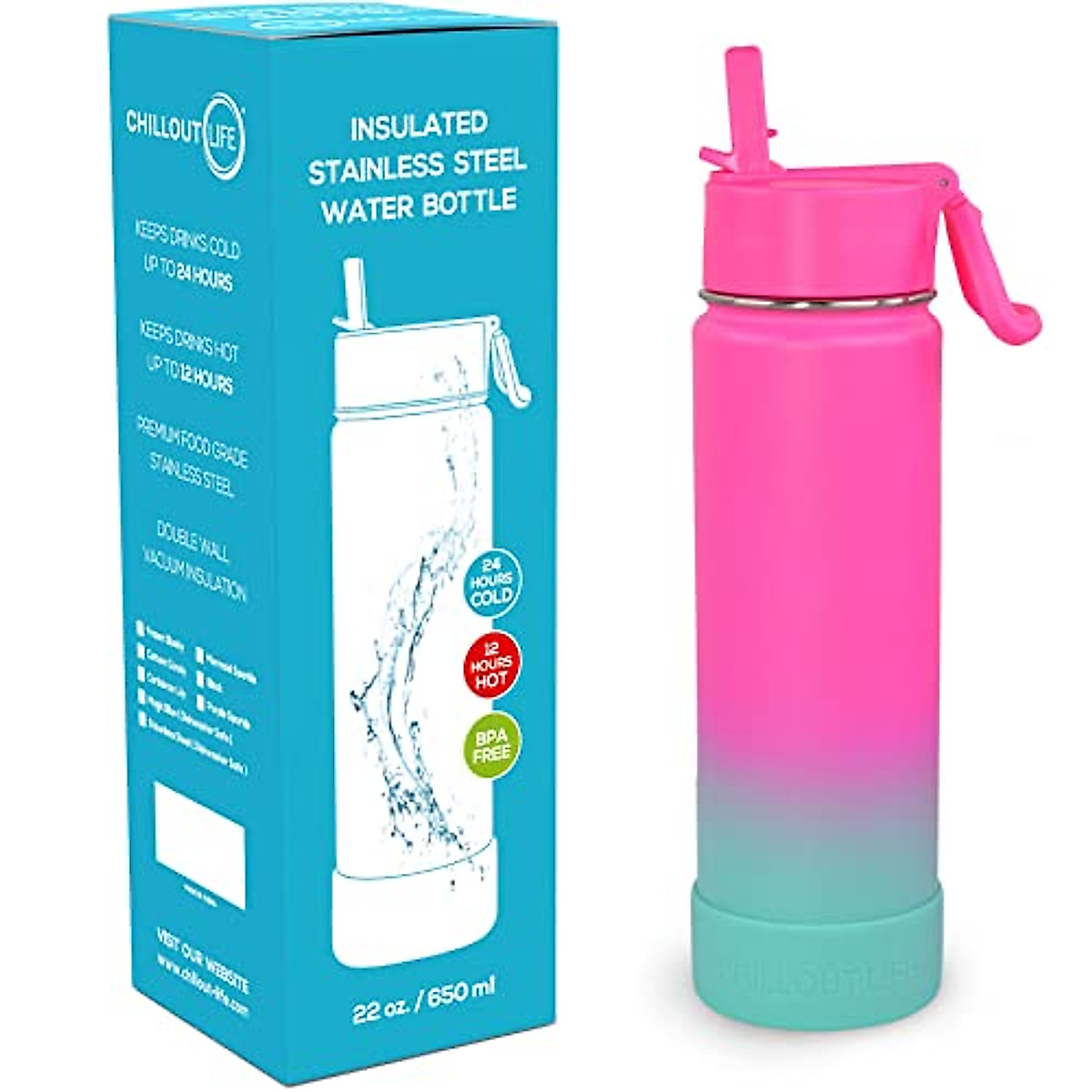 CHILLOUT LIFE 22 oz Kids Insulated Water Bottle for School with Straw Lid Leakproof and Cute Waterproof Stickers, Personalized Stainless Steel Thermos Flask Metal Water Bottle, Frozen Slushy
