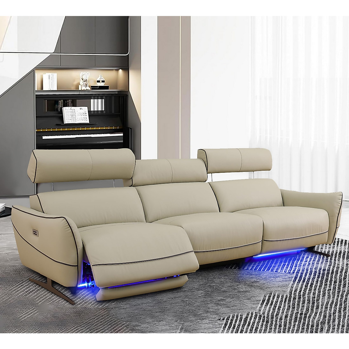 Plithzy Genuine Leather Power Recliner Sofa with LED, 114" Leather Sofa Couch with Adjustable Headrest&USB Charging, Power Reclining Sofa Living Room Furniture Set (Recliner Couch, Kachi Color)