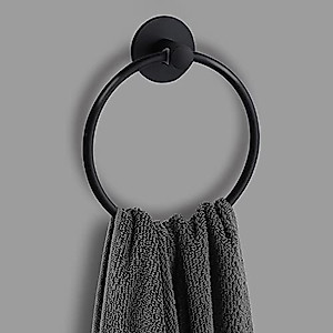 Towel Holder no Drill，Adhesive Towel Ring ，Stainless Steel Adhesive Hand Towel Hanger for Bathroom & Kithen Wall Mount， No Drilling Modern Hand Towel Hanger, Matte Black