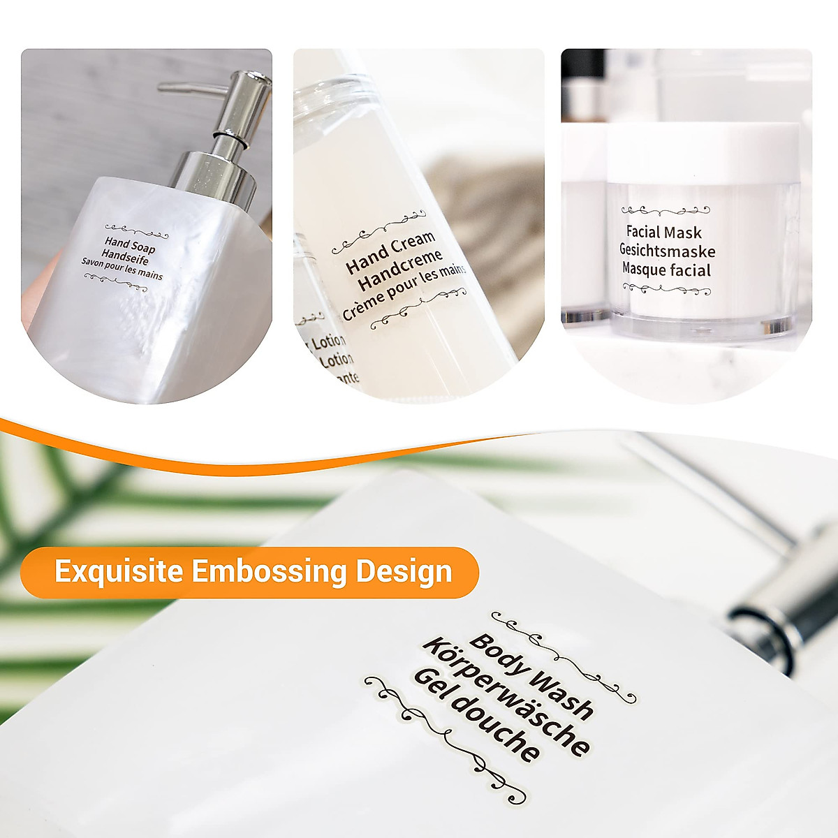 108 PCS Bathroom Labels Clear Preprinted Waterproof Travel Bottles Label Stickers for Organization and Storage Bathroom Dispenser Jars Bins Plastic Travel Bottles Containers