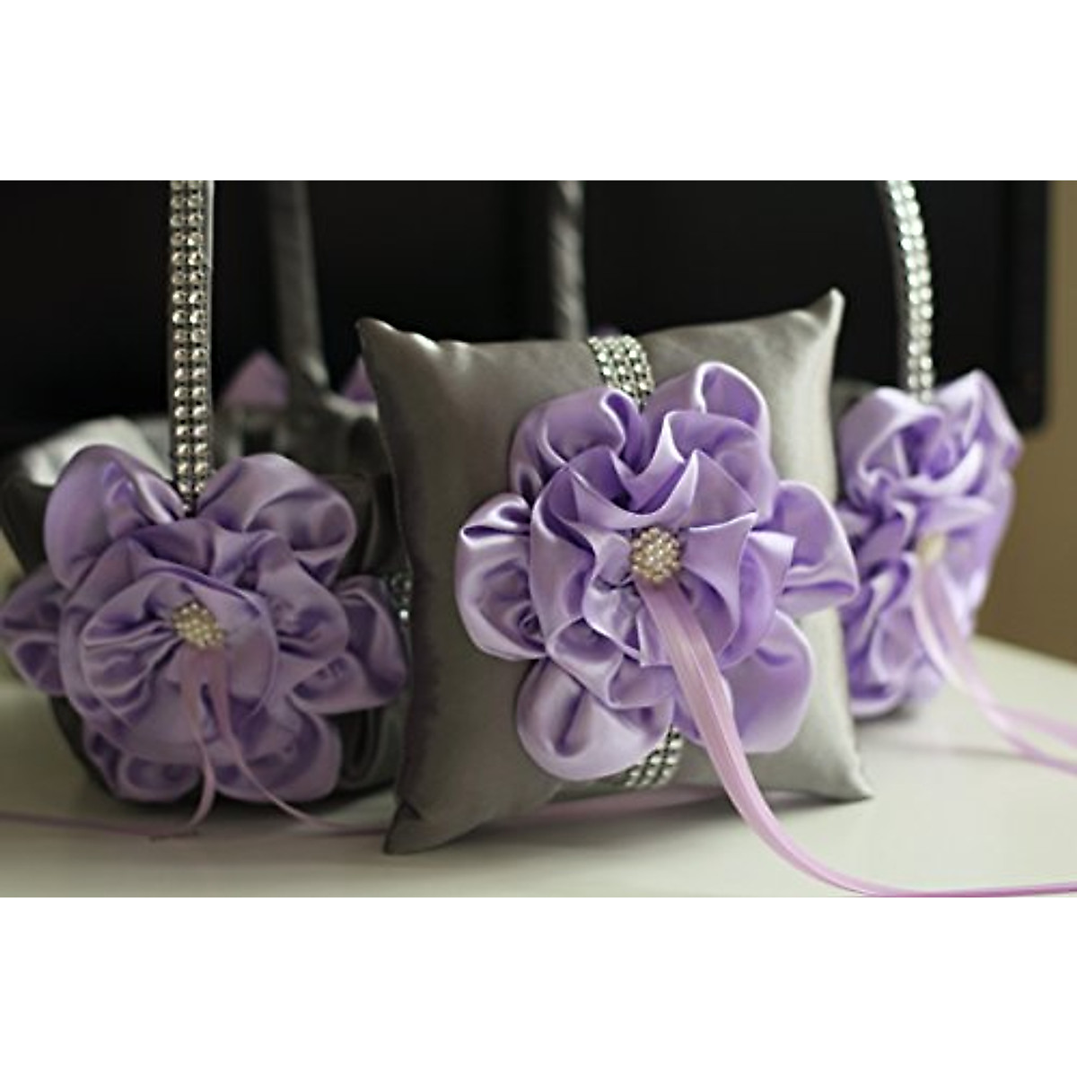 Lavender Flower Girl Basket Lilac Ring bearer Pillow Lavender Ring Pillow Basket Set Lilac Gray Wedding Basket Gray Wedding Pillow