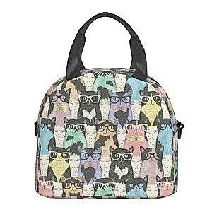 Juoritu Hipster Cute Cats Insulated Lunch Bag with Straps, Lunch Box for Women and Men, Waterproof Tote Bag for Office and Travel