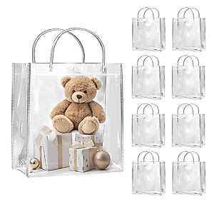 SHIPKEY 10 Pack 8”x3.1”x8” Clear Gift Bags, Square Transparent Gift Bags with Handles, Waterproof PVC Shopping Bags for Perfume, Bakery, Presents, Birthday Party Favor