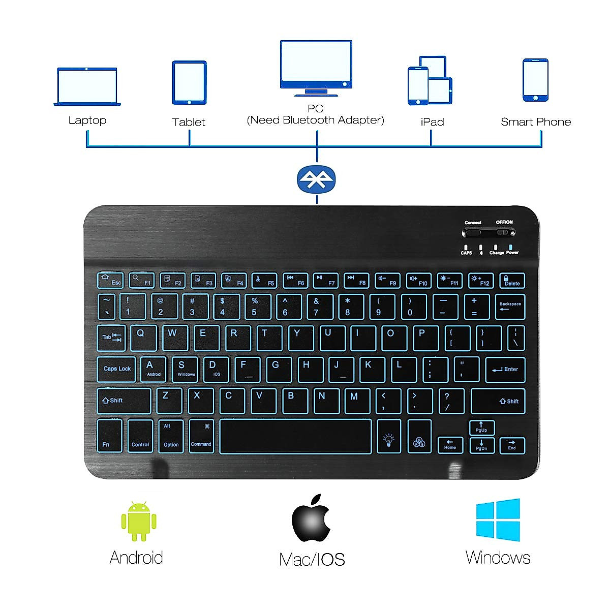 Coastacloud Ultra Slim Backlit Wireless Bluetooth Keyboard, Universal Portable 7-Colors Backlit Rechargeable Keyboard with Stand for iPhone Samsung iOS Android Windows Tablets Phones