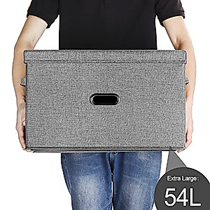 Valease 2-Pack Large Linen Foldable Storage Bins with Removable Lids and Handles, Washable Collapsible Storage Box Containers Baskets Cube with Cover for Bedroom,Closet,Office,Living Room,Nursery (Grey, Large)