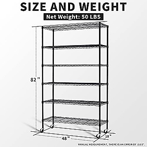 MGHH 6-Tier Storage Shelf, Wire Shelving on Casters, NSF Height Adjustable Heavy Duty Metal Rack with Wheels for Office Bathroom Kitchen Garage Organization 2100 LBS Capacity-48 L×18" W×82" H-Black