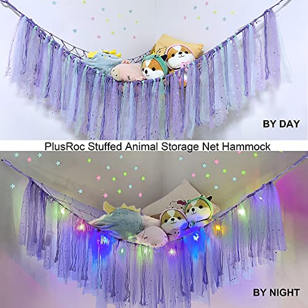 PlusRoc Stuffed Animal Storage Net Or Hammock With LED Star Light And Glow Stars, (Purple) Corner Toy Organizer Holder Bags For Kids Room Bedroom Wall Décor