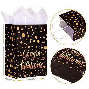 Whaline 12Pcs Graduation Gift Bag with White Tissue Paper Congrats Grad Party Favor Bags with Handle 4 Designs Black Gold Paper Congratulations Treat Candy Bag for College High School