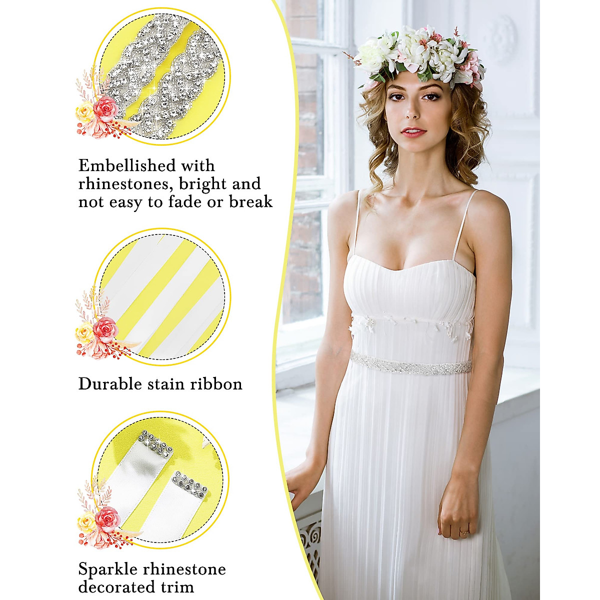 Jecery 3 Pieces Rhinestone Bridal Wedding Sash Belts Handmade Crystal Bridesmaid Sash for Formal Evening Dress Belts (White)