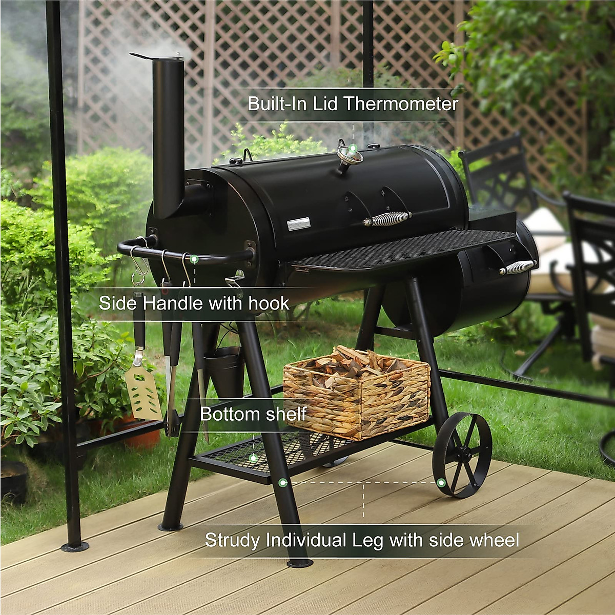 MFSTUDIO Heavy Duty Charcoal Wood Offset Outdoor Smoker Grill, Extra Large Charcoal Grill with Smoker Combo for BBQ Grilling, 941 SQ.IN.